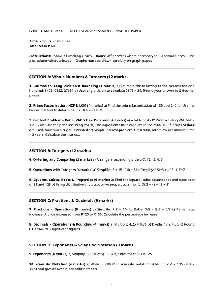 Grade8 Math Practice Exam | PDF | Algebra | Odds