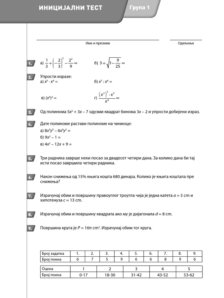 Inicijalni Test - Matematika 8 | PDF