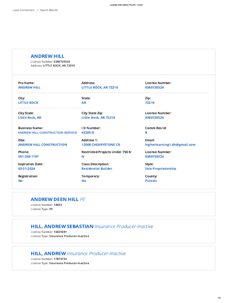 Andrew Hill Construction License Info | PDF | Business | Copyright Law