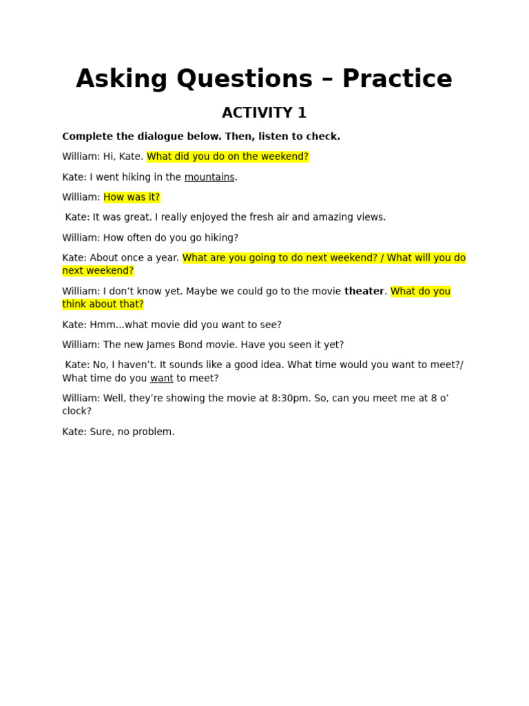 Dialogue Practice: Asking Questions | PDF