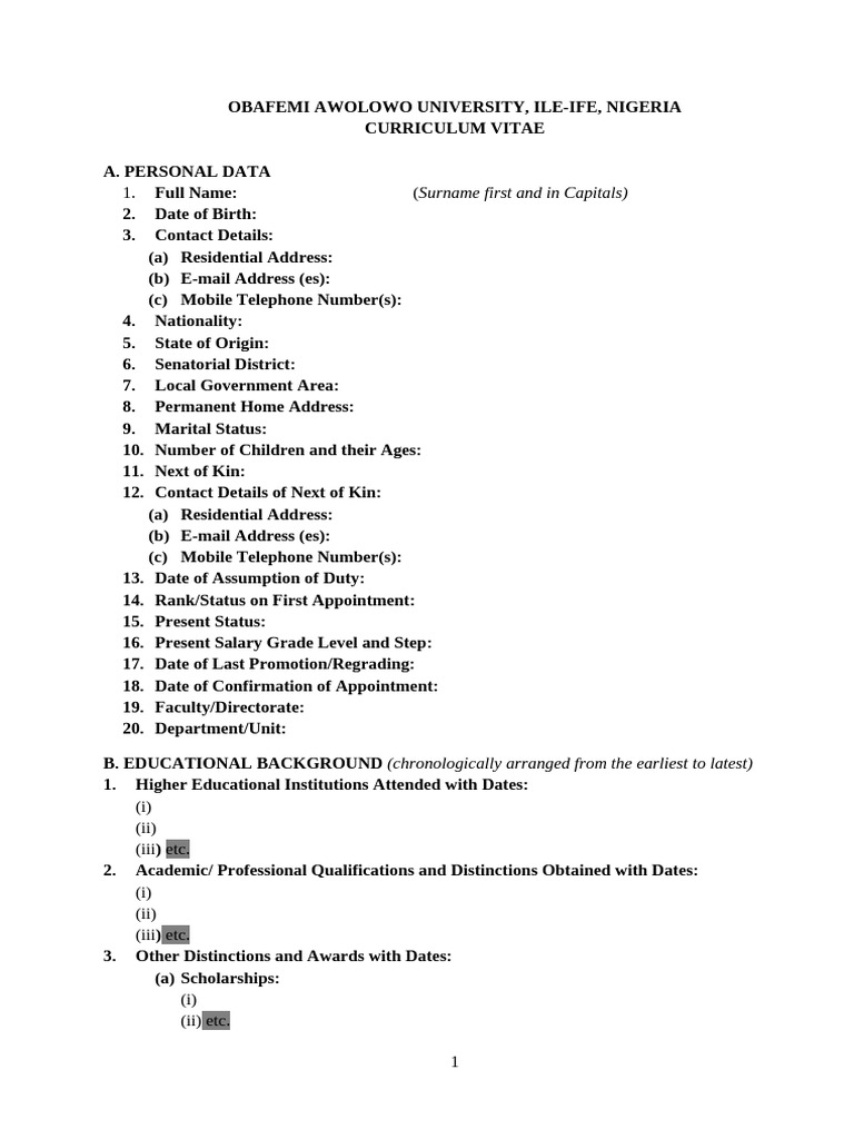 CV of Obafemi Awolowo University Academic | PDF | Thesis