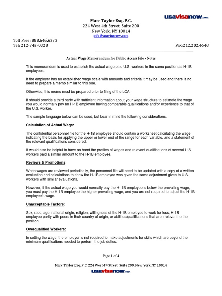 Actual Wage Memorandum - Notes and Sample | PDF | H 1 B Visa | Wage