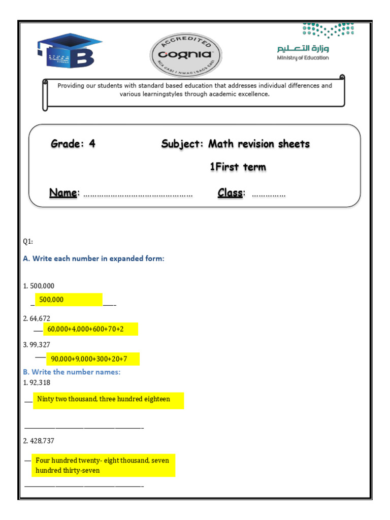 Math Revision Worksheet - Answer.grade4 | PDF