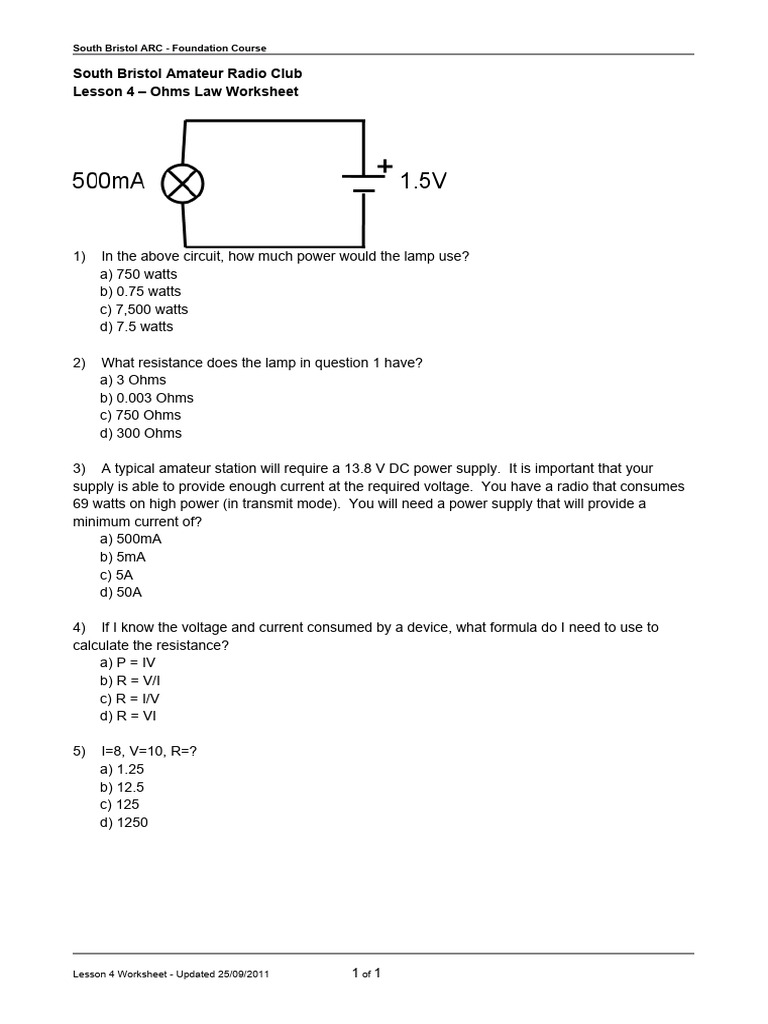 Ohm's Law Worksheet for Amateurs | PDF