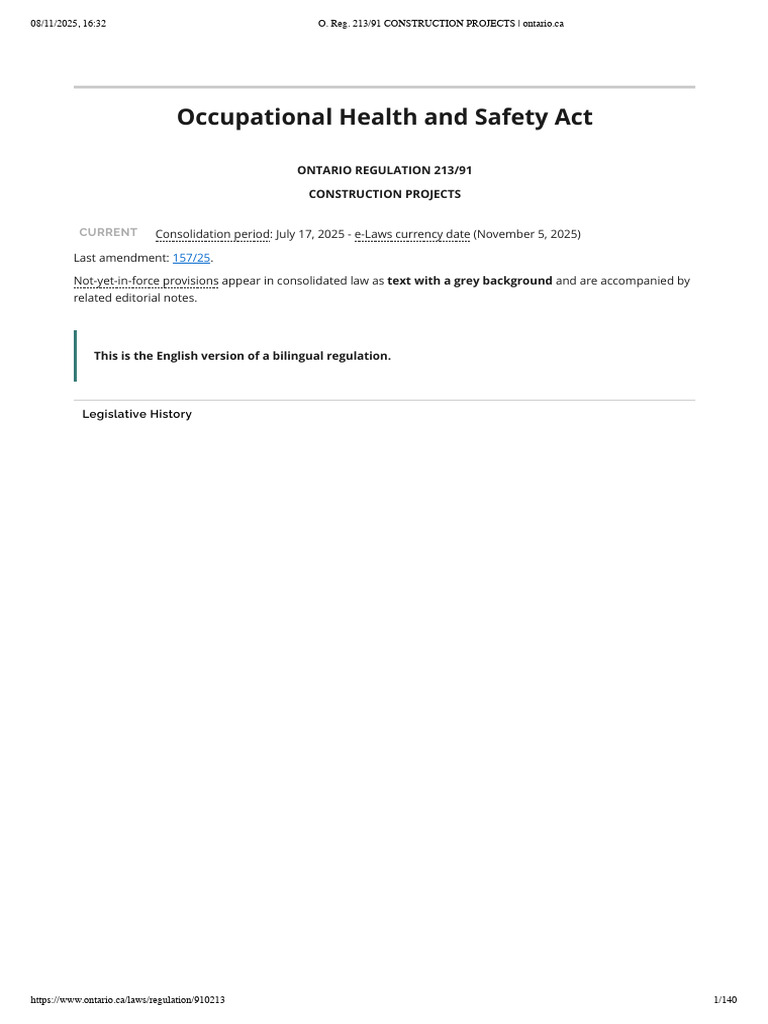 O. Reg. 213 - 91 CONSTRUCTION PROJECTS - Ontario - Ca | PDF | Personal Protective Equipment ...