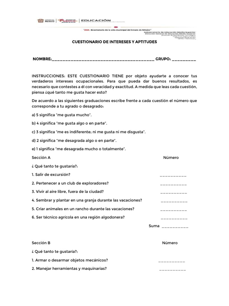 CUESTIONARIO DE INTERESES Y APTITUDES | PDF