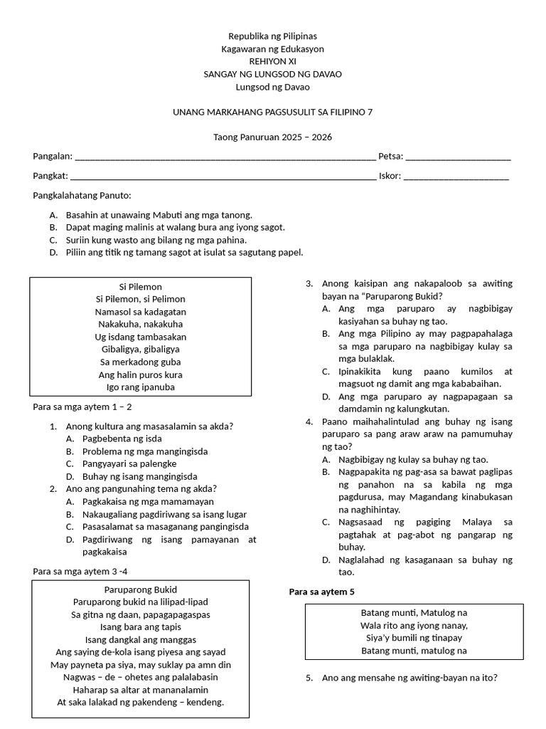 Filipino EXAM 1st | PDF