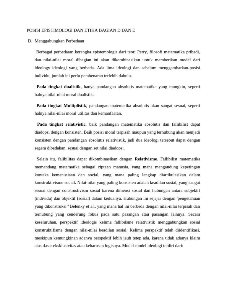 Epistemological and Ethical Positions BAGIAN D-E | PDF