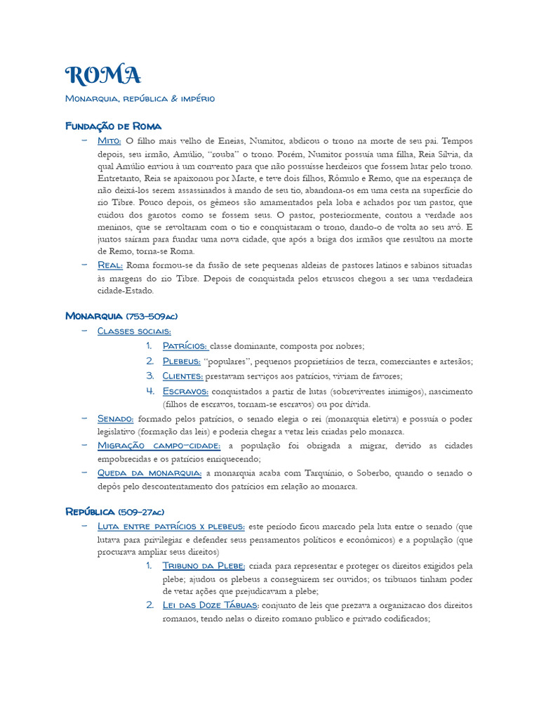 História de Roma: Monarquia a Império | PDF | Rômulo e Remo | Augustus