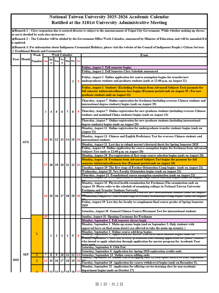 Ntu2025 Fall Academic Calendar | PDF | Academic Term | Freshman