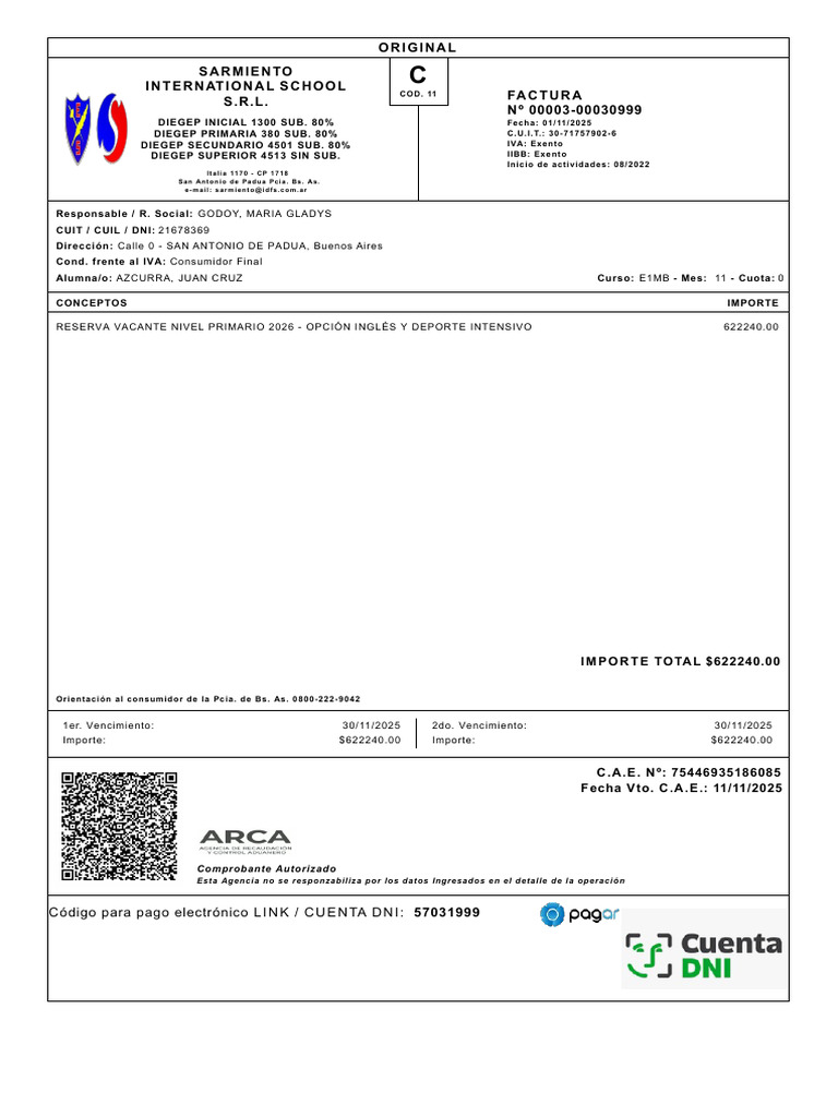 Original Sarmiento Internationalschool S.R.L. Factura N º 00003 ...