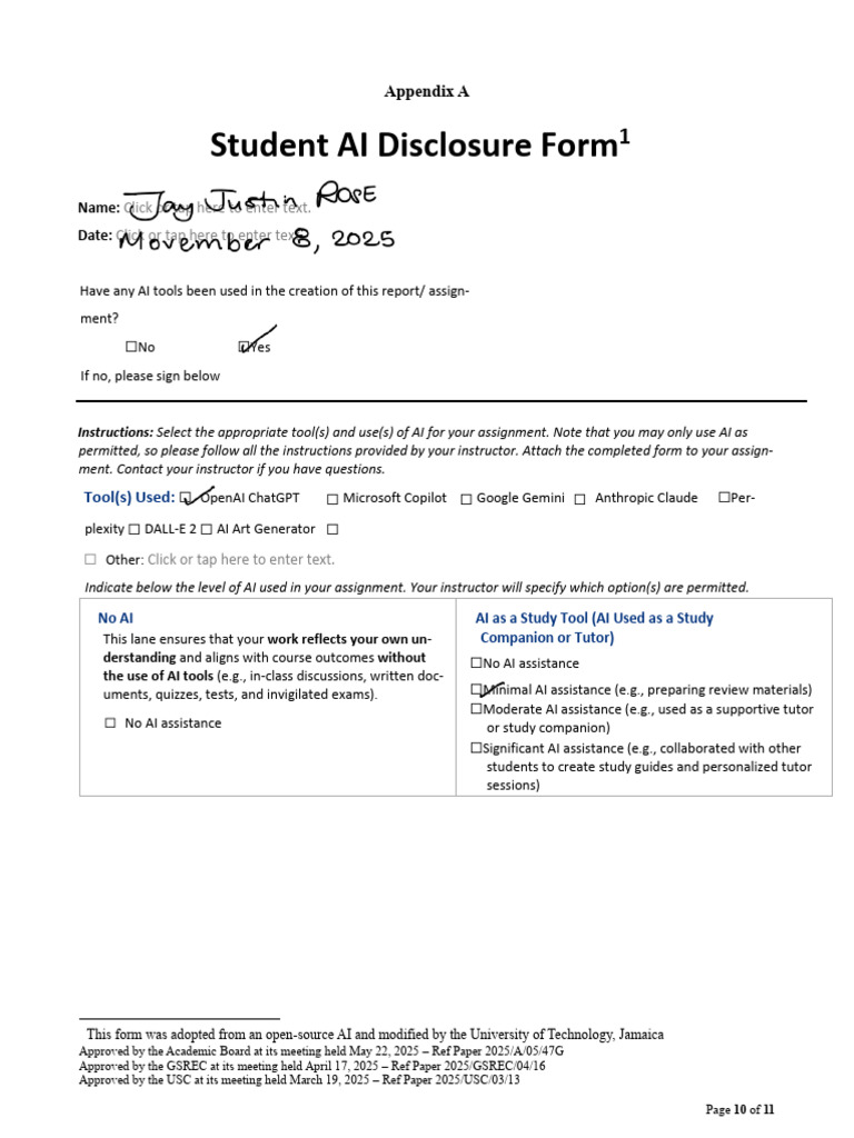 Student AI Disclosure Form | PDF