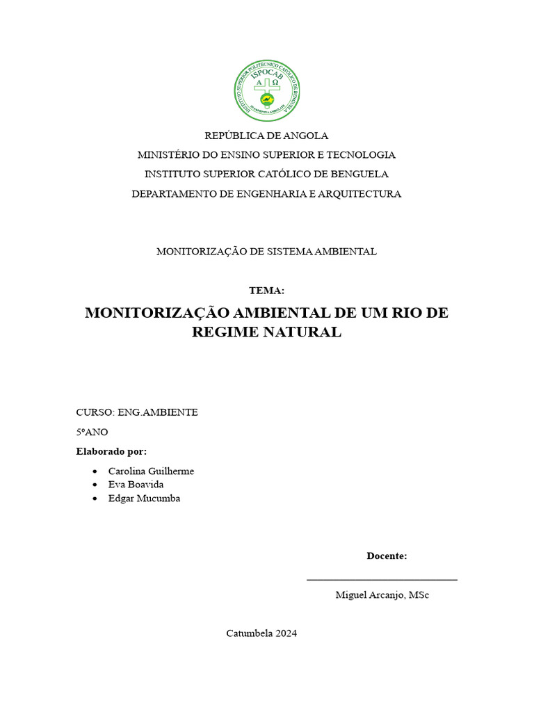 Monitorização Ambiental do Rio Catumbela | PDF | Água | Qualidade da água