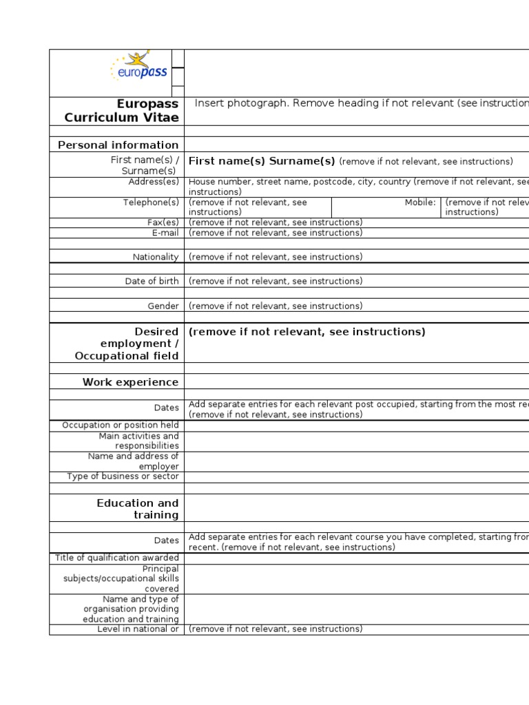 Europass CV Template Guide | PDF | First Language | Cognition
