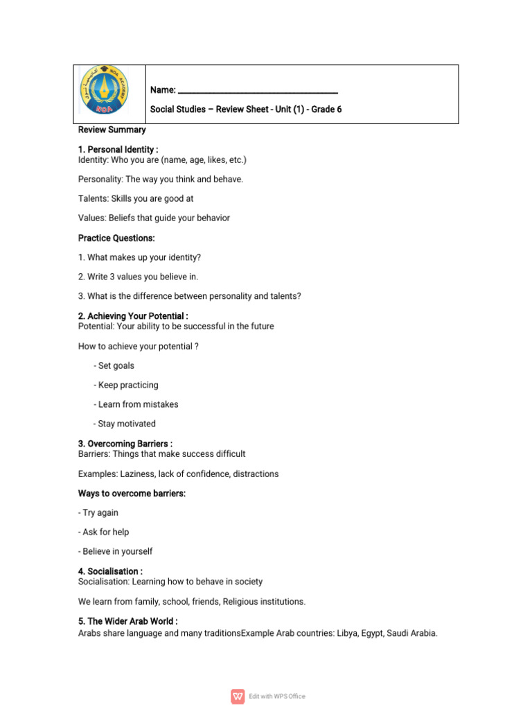 Social Worksheet1 Grade6 | PDF | Socialization | Arab World