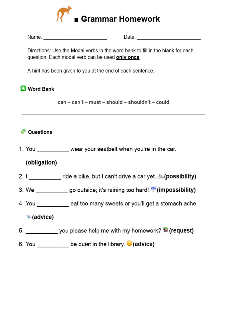 Modal Verbs Grammar Exercise | PDF