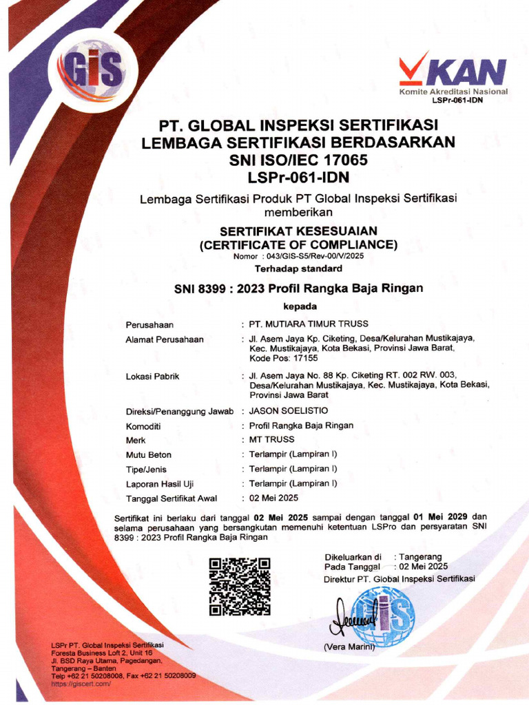 Sertifikat SNI PT Mutiara Timur Truss Periode 2025-2029 | PDF