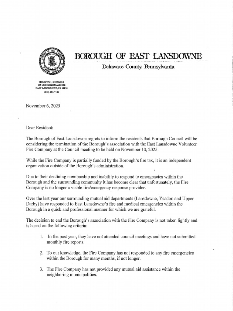 East Lansdowne Letter To Residents | PDF