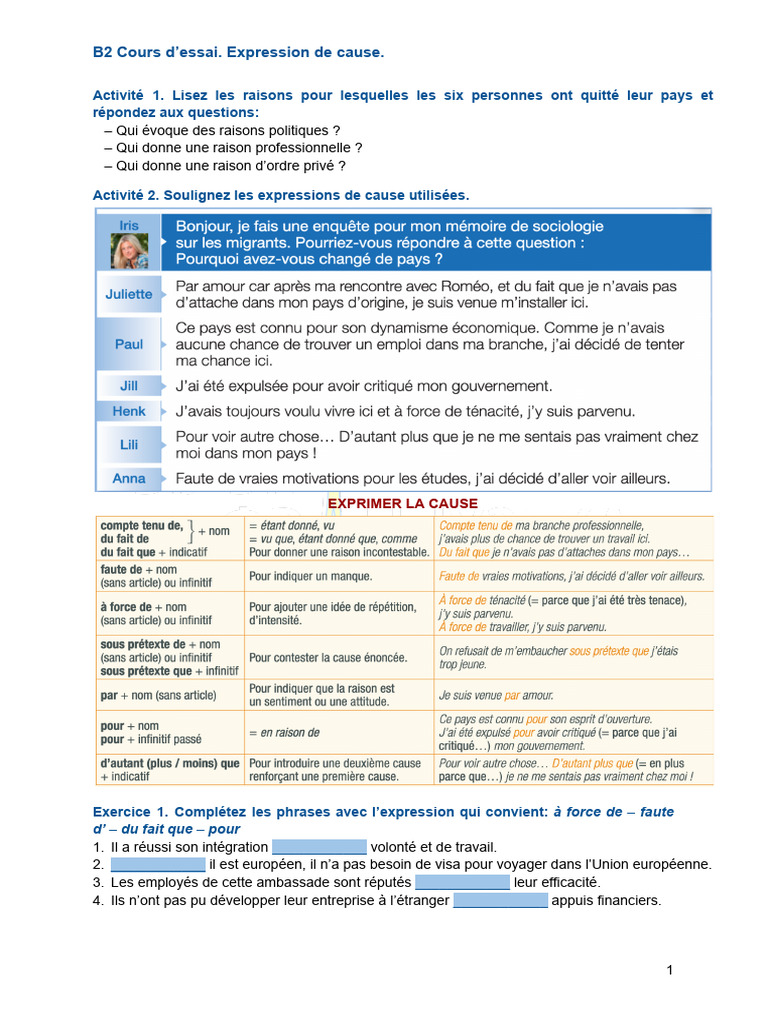 Expression de cause en français B2 | PDF | Visa (Document) | Linguistique