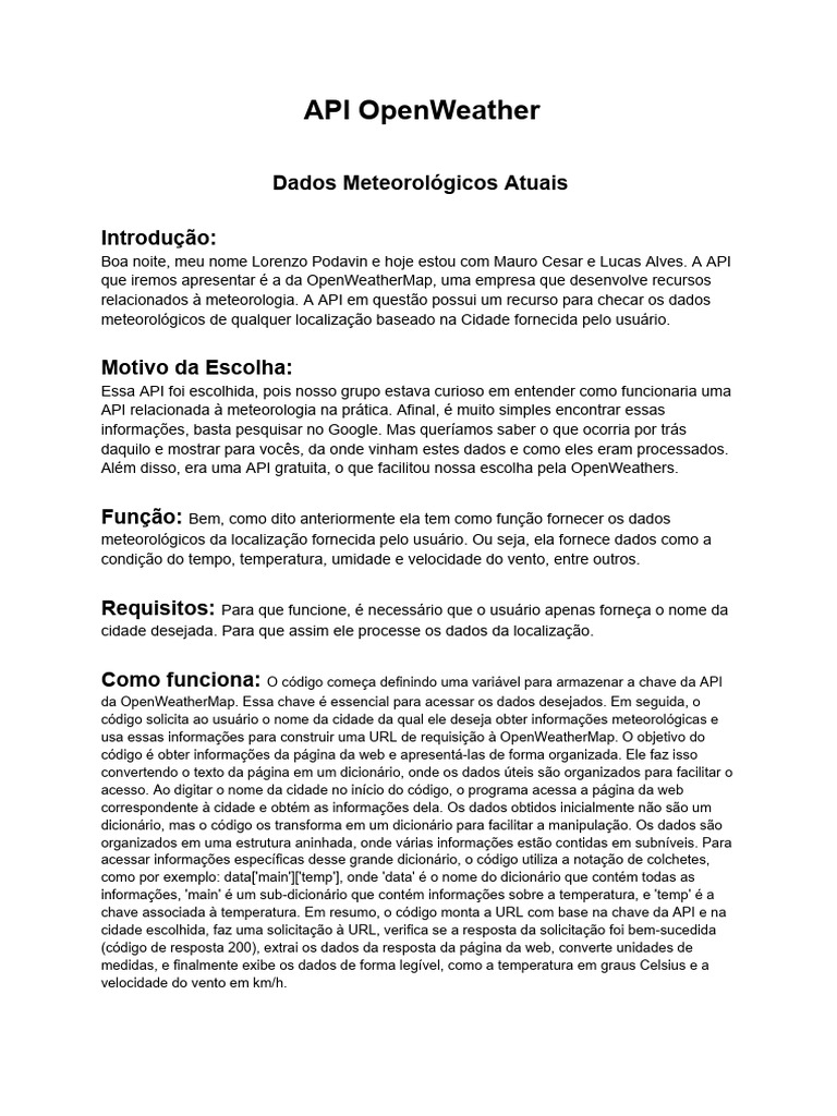 API OpenWeather: Dados Meteorológicos em Tempo Real | PDF ...