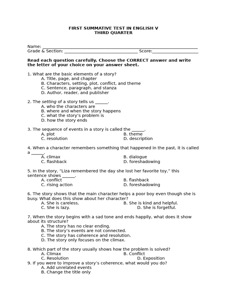 English V Third Quarter Test Guide | PDF