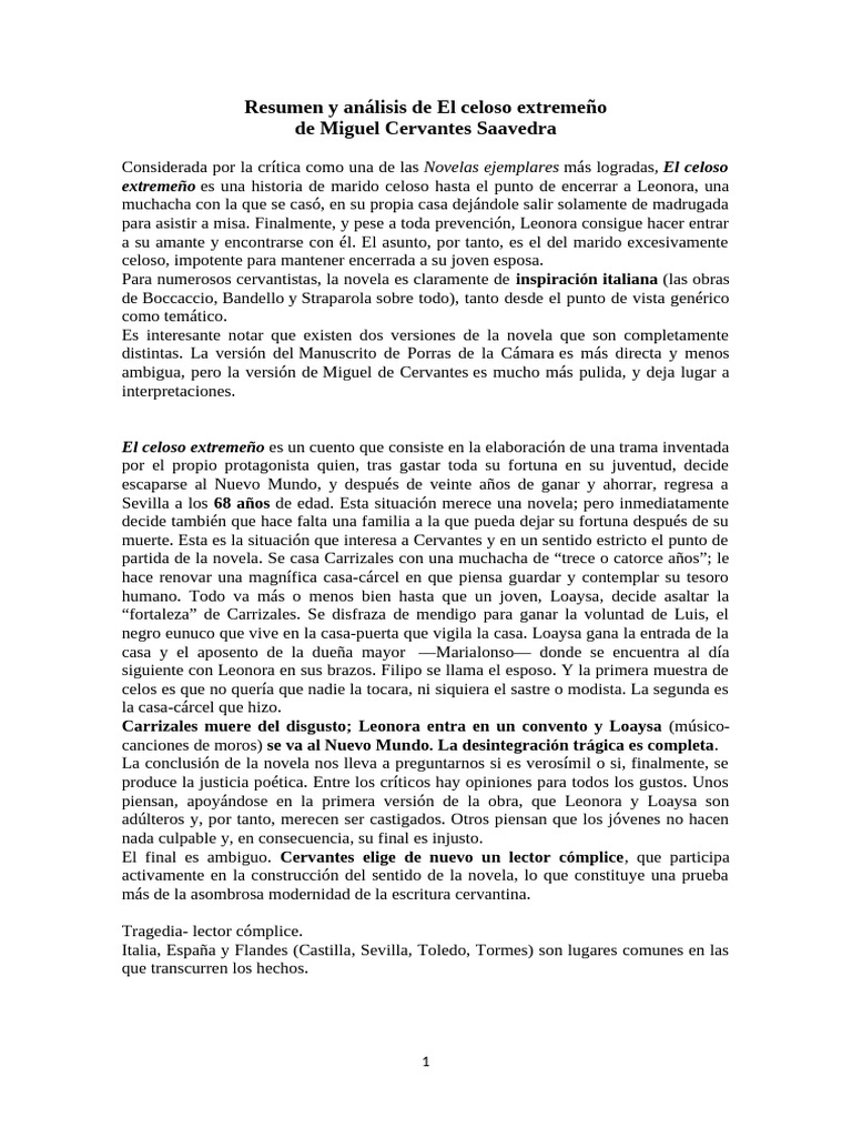 Resumen de El celoso extremeño | PDF