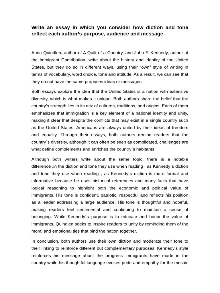 Write An Essay in Which You Consider How Diction and Tone Reflect Each ...