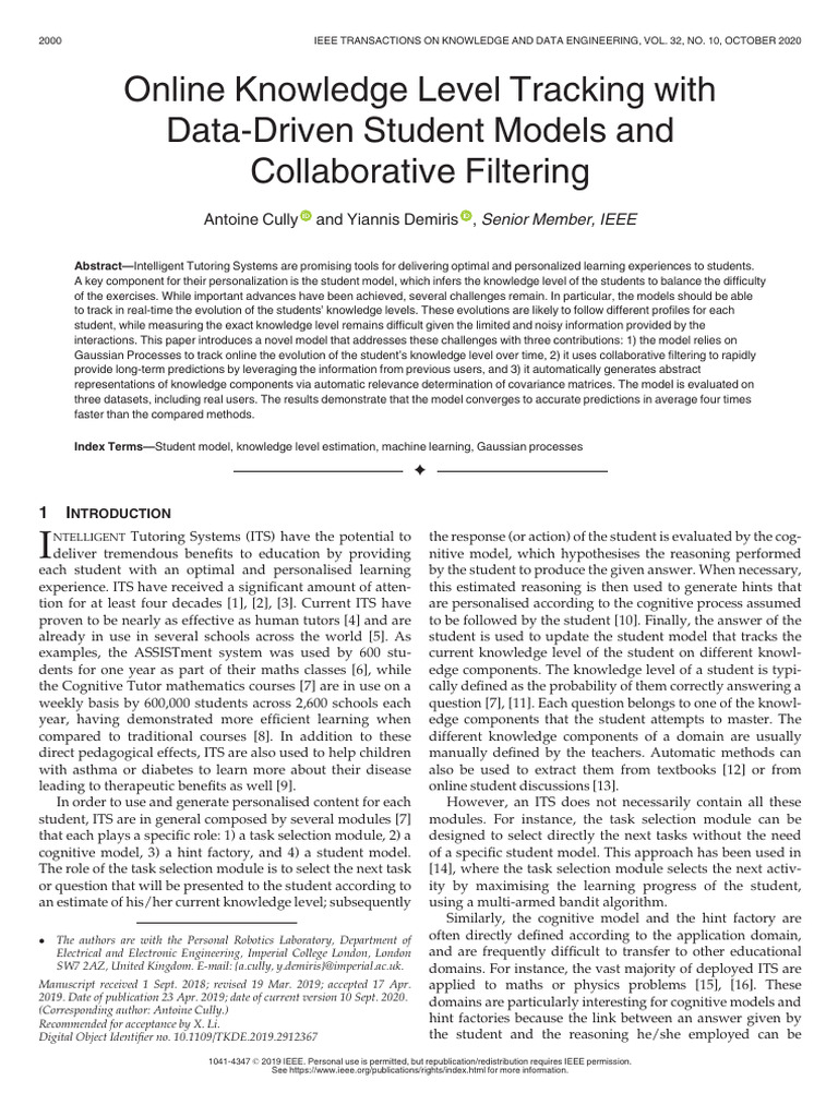 Online Knowledge Level Tracking With Data-Driven Student Models and ...