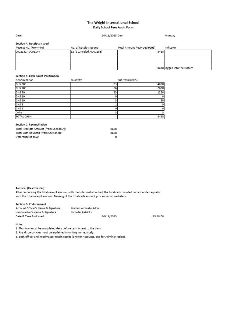 Daily School Fees Audit Summary | PDF | Currency | Numismatics