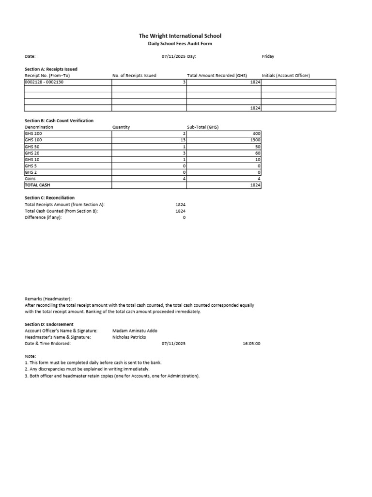 School Fees Audit Form (07!11!25) | PDF | Currency | Numismatics
