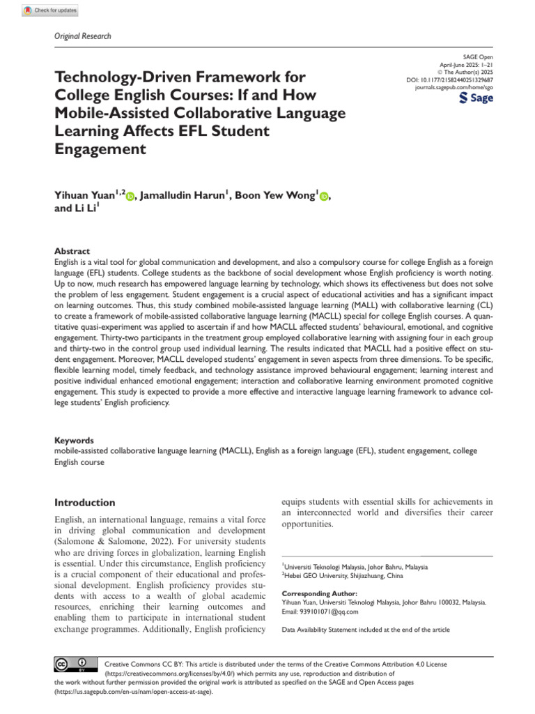Mobile Framework for EFL Student Engagement | PDF | Learning | English ...