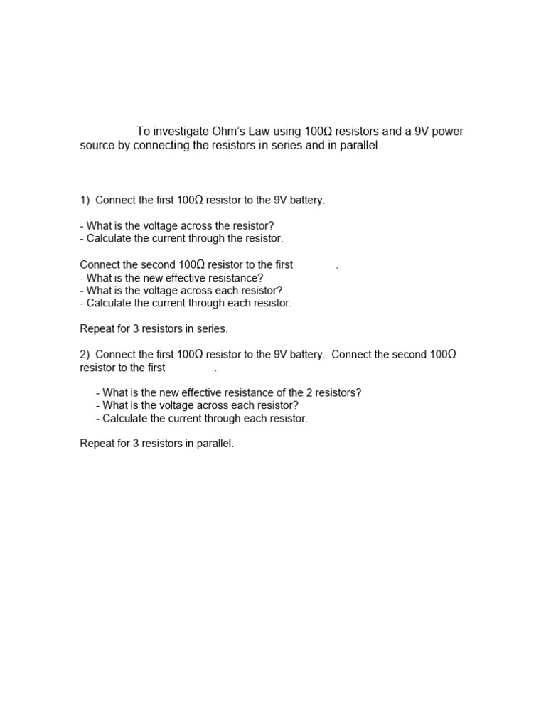 Ohms Law worksheet | PDF | Resistor | Series And Parallel Circuits