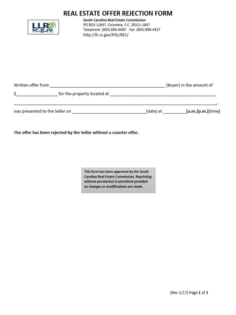 SC Real Estate Offer Rejection Form | PDF