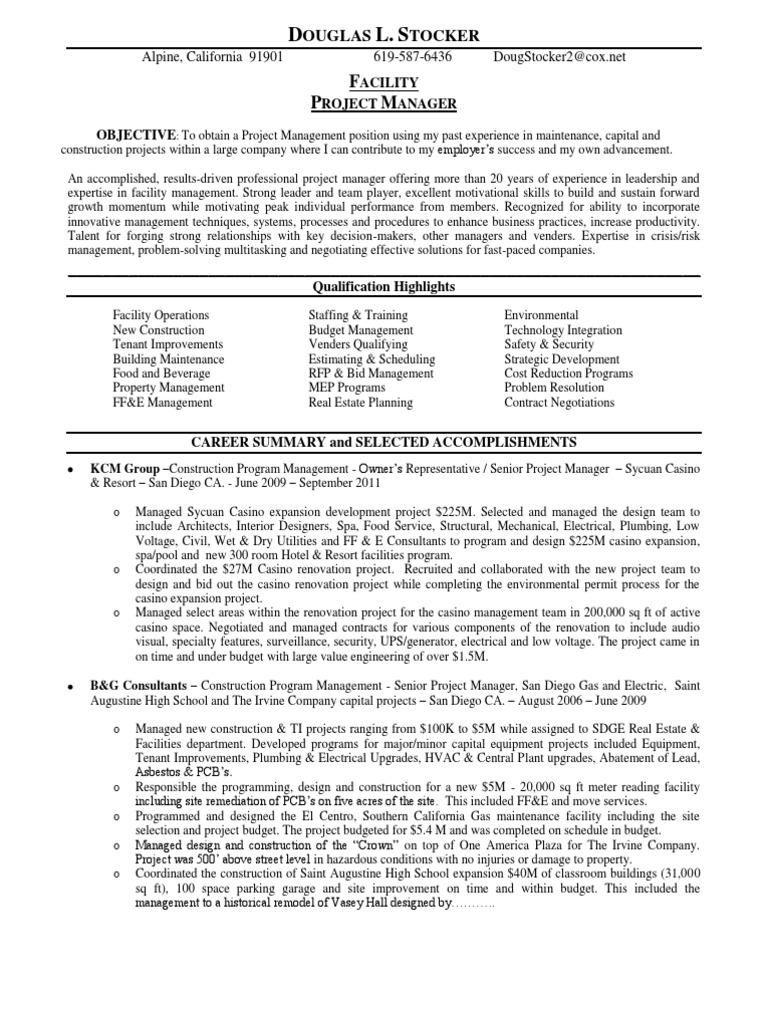 Vice President Facilities Real Estate in San Diego CA Resume Douglas ...