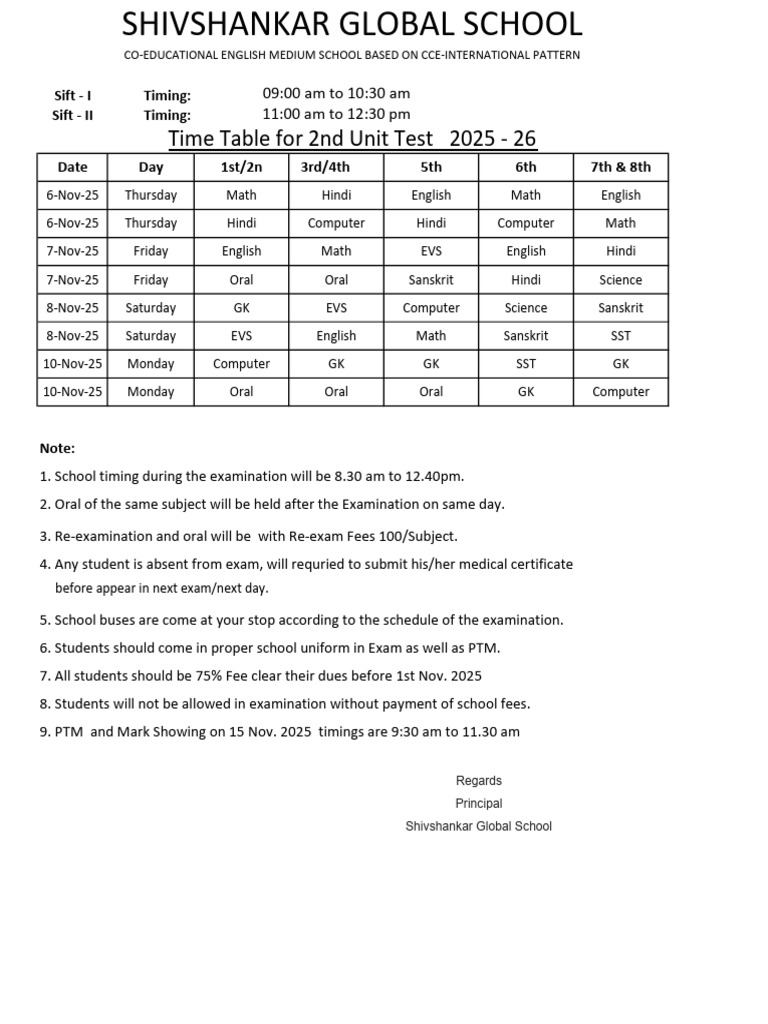 Time Table Unit Test 2nd 1 To 8 | PDF