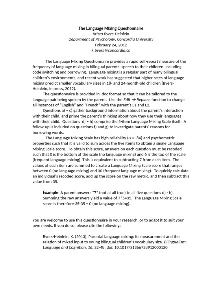Byers-Heinlein Language Mixing Questionnaire | PDF | English Language | Multilingualism