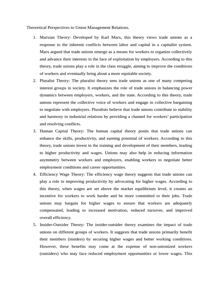Lecture Two - Theoretical Perspectives To Union Management Relations ...