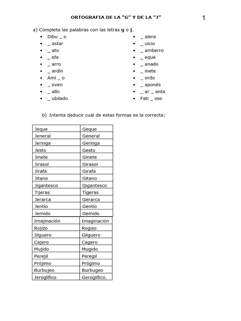 Ortografía de la G y J: Ejercicios Prácticos | PDF