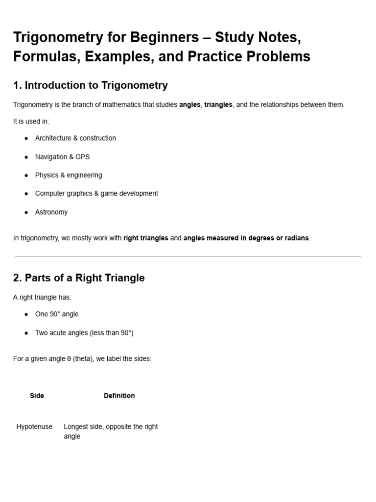 Trigonometry for Beginners – Study Notes, Formulas, Examples, And ...