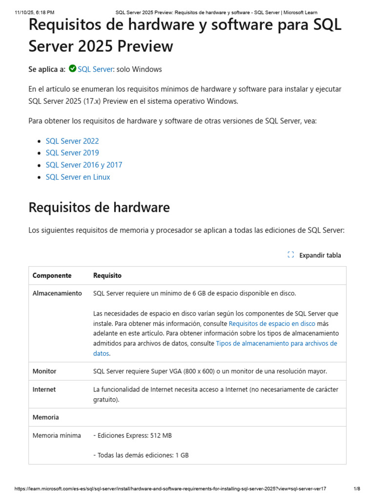 SQL Server 2025 Preview - Requisitos de Hardware y Software - SQL Server - Microsoft Learn | PDF ...