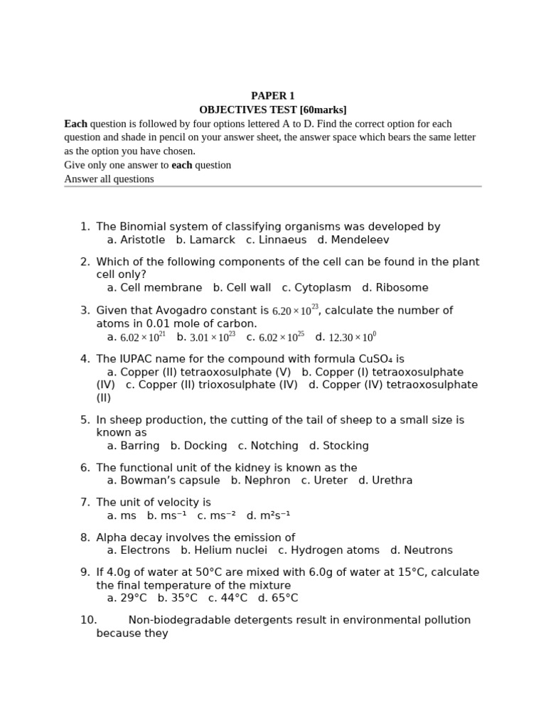 PAPER 1 Objectives | PDF | Soil | Atoms