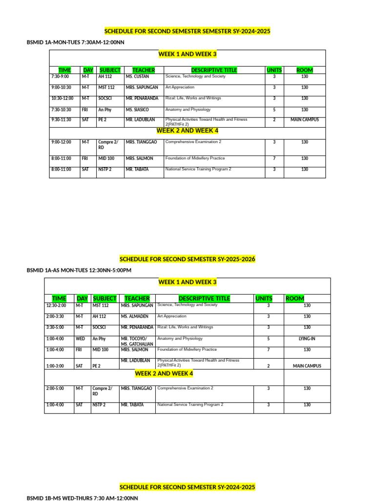 2nd Semester Schedule For Sy 2025 2026 1 Pdf Human Development