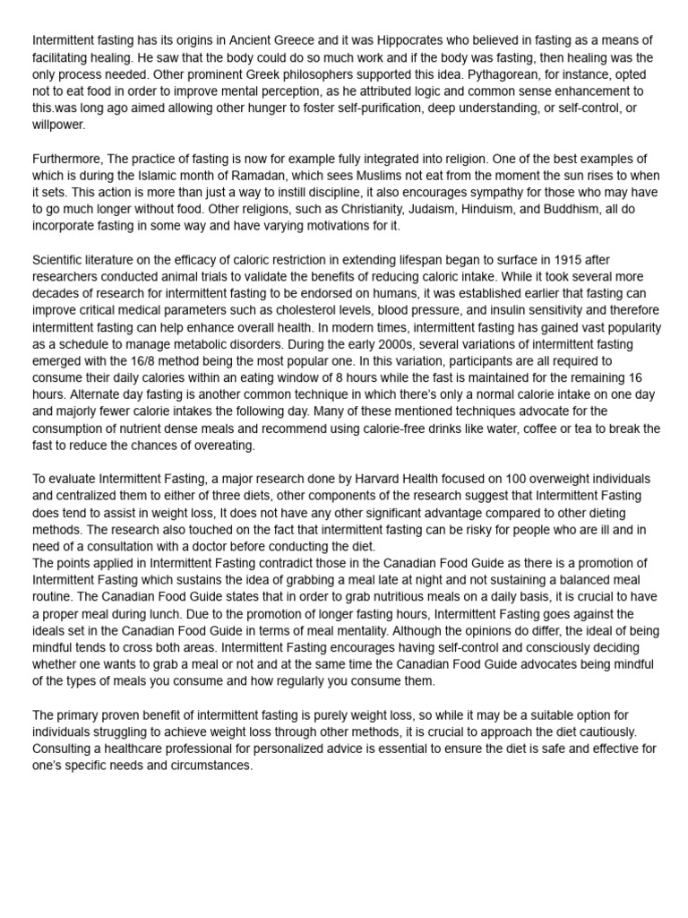 Intermittent Fasting: History and Benefits | PDF | Intermittent Fasting ...