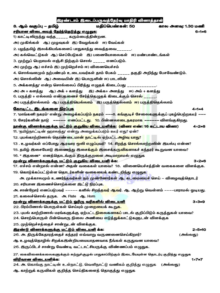 SMT-8-25 MODEL-1 Tamil Model Question Paper | PDF
