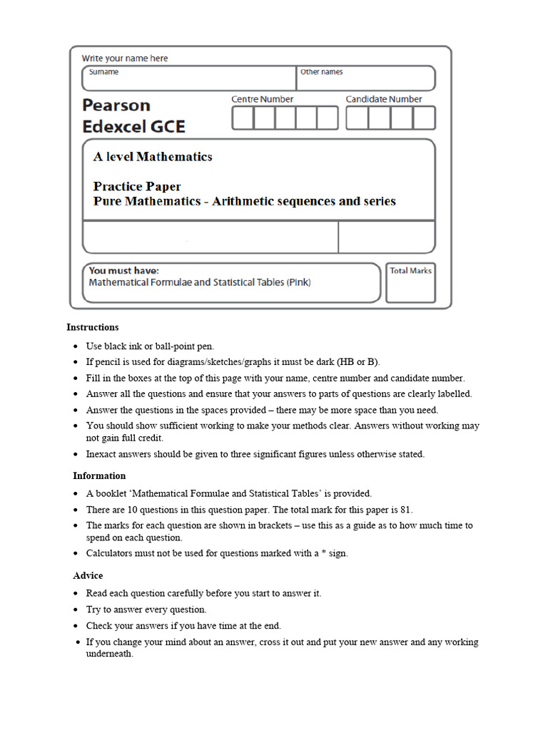 A Level Mathematics - Practice Paper - 4.2 - Arithmetic Sequences and ...