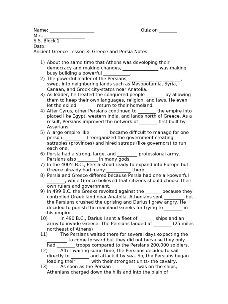 Ancient Greece vs. Persia Quiz | PDF | Achaemenid Empire
