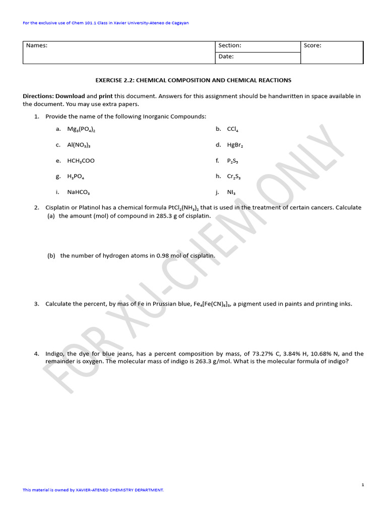 Chem 101.1 Unit 2 Problem Set 2.Docx | PDF | Silicon Dioxide | Chemical Reactions