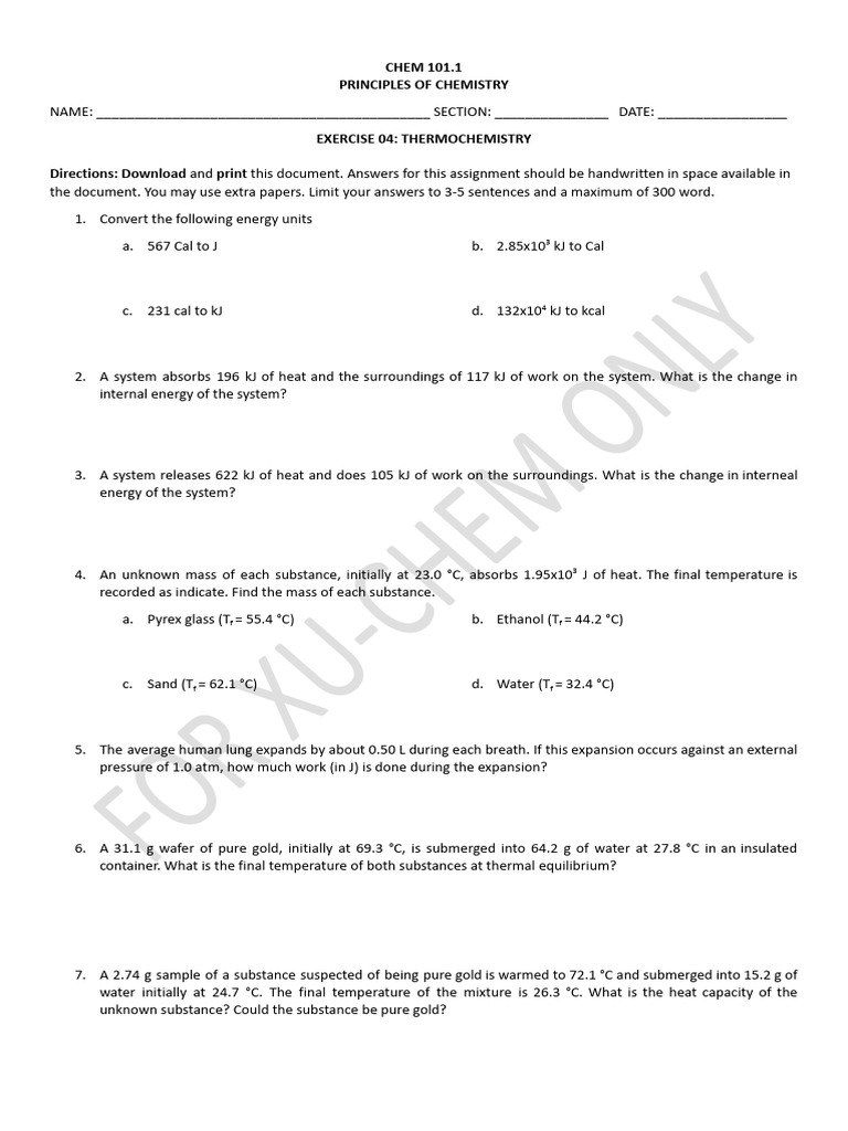 Chem 101.1 Unit 4 Problem Set | PDF | Heat | Continuum Mechanics