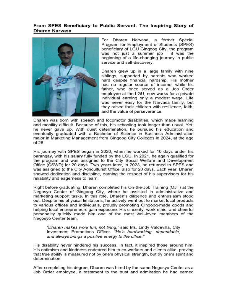 SPES - Success Story (Gingoog City) 2025 | PDF | Employment | Labor