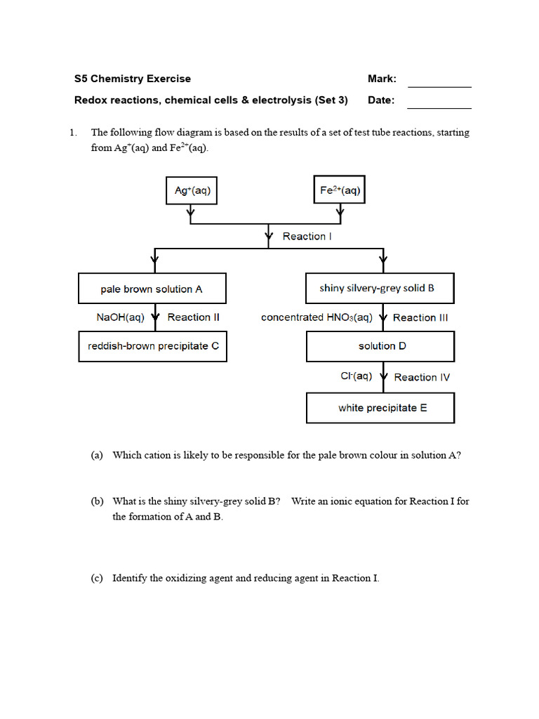 S5 Chemistry Exercise (Part VII Redox Reactions, Chemical Cells & Electrolysis Set 3) | PDF ...
